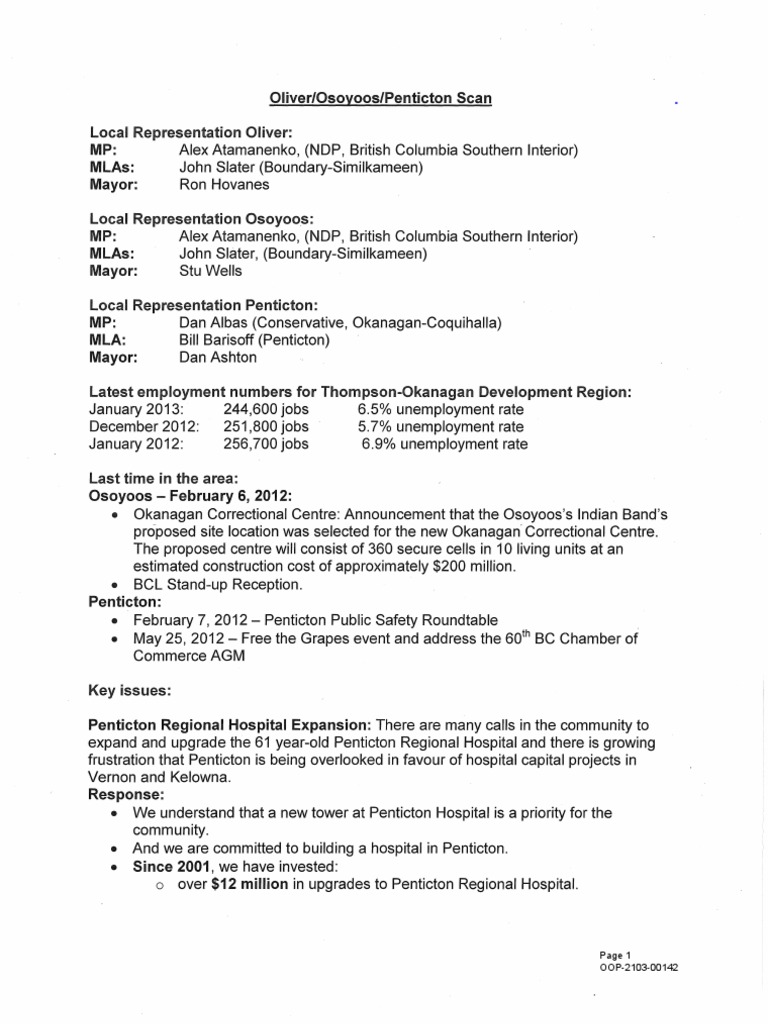 FOI-Penticton Briefing Note For Premier | PDF | British Columbia ...