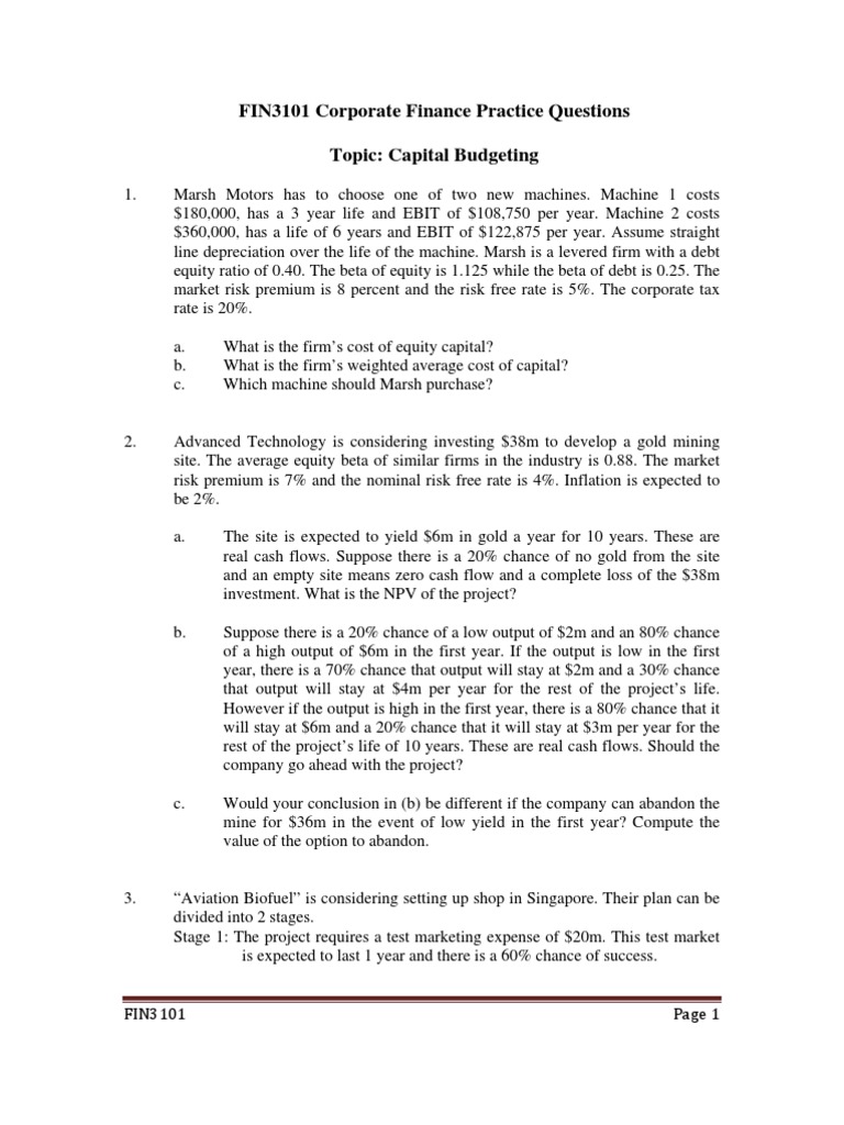 FIN3101 Corporate Finance Practice Questions Topic: Capital Budgeting ...