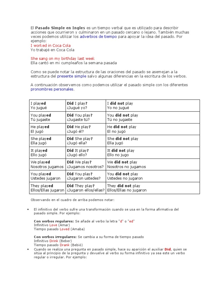 El Pasado Simple en Ingles Es Un Tiempo Verbal Que Es Utilizado Para ...