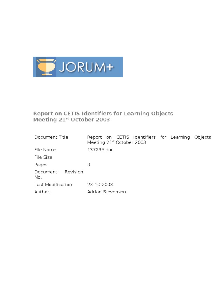 Report On CETIS 'Identifiers For Learning Objects' Meeting, 21 October ...