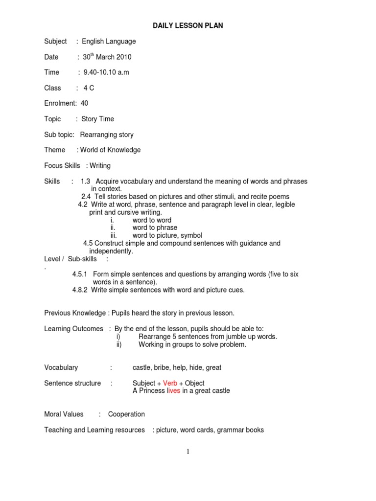 Lesson Plan English Year 4 Story Time 2 | PDF | Lesson Plan | Snow White
