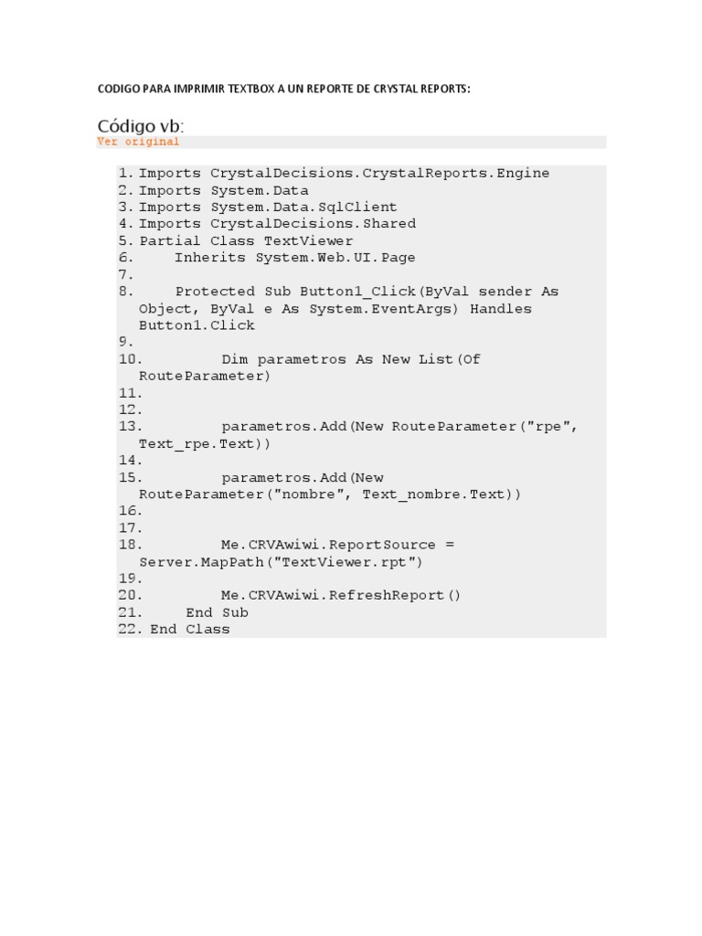 Codigo para Imprimir Textbox A Un Reporte de Crystal Reports | PDF | Software | Informática