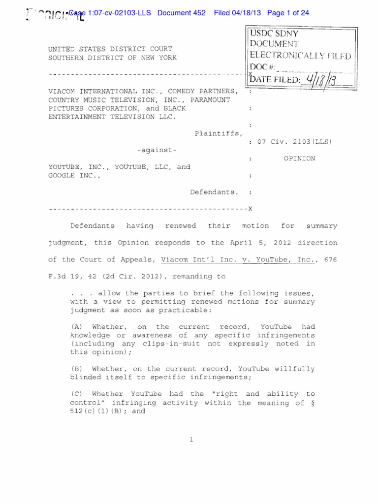 Viacom v. YouTube | PDF | Online Copyright Infringement Liability ...