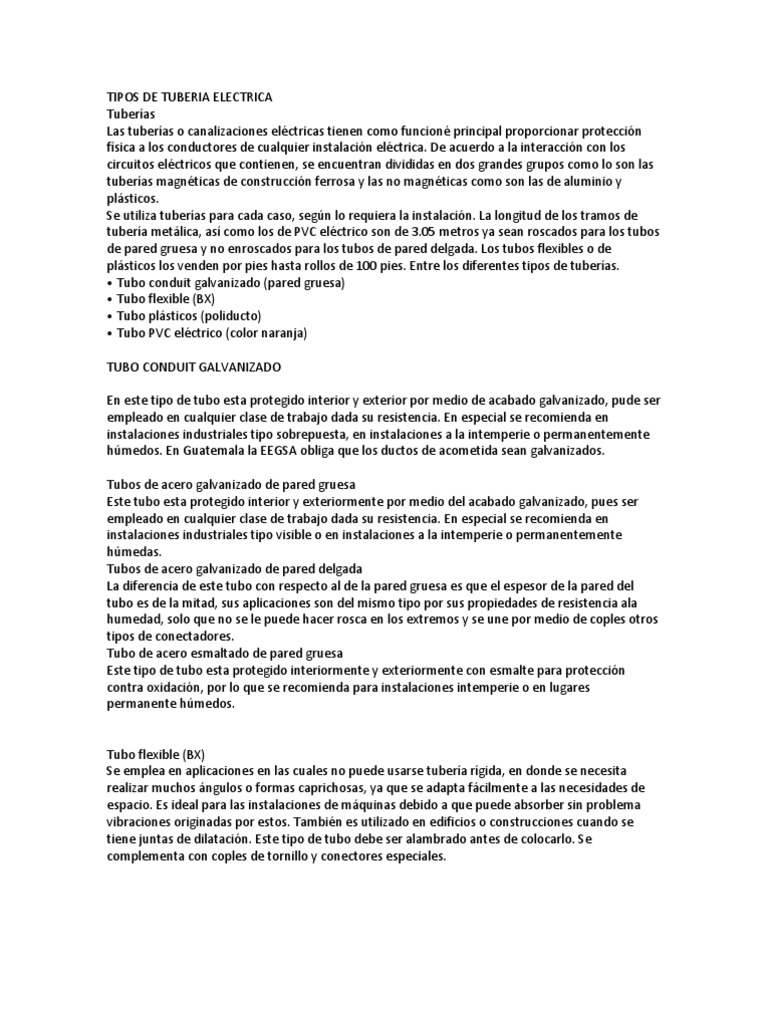 Tipos de Tubería Eléctrica y Usos | PDF | Tubería (transporte de ...
