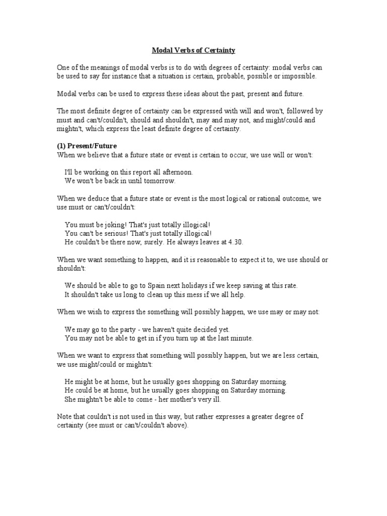 Modal Verbs of Certainty | PDF