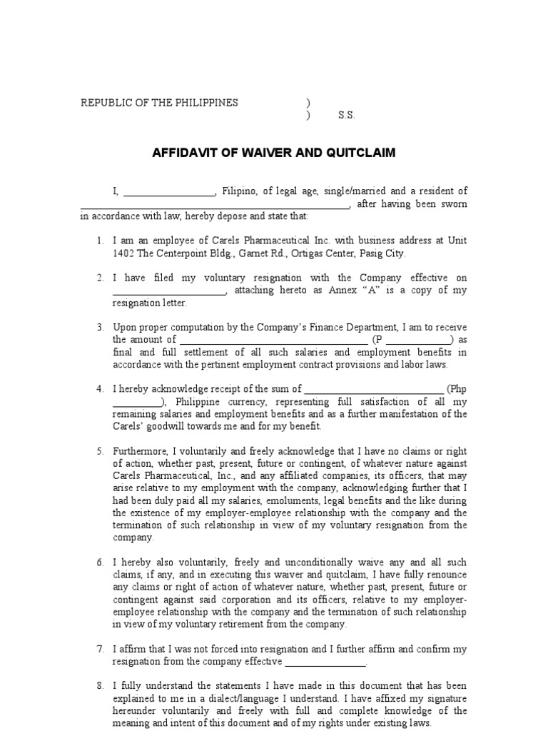 Resignation and Release of Claims: Affidavit of Waiver and Quitclaim ...