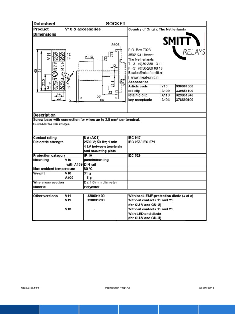 Datasheet Socket: Product V10 & Accessories Dimensions | PDF | Science ...