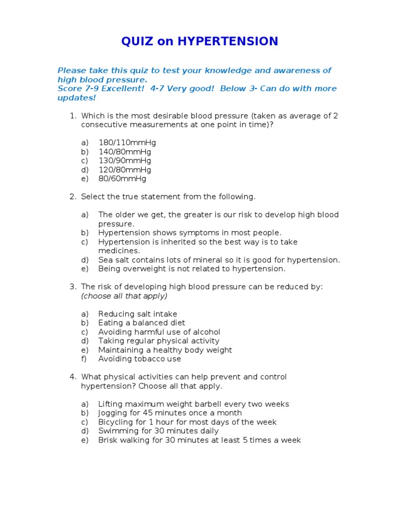 Quiz on Hypertension-22March2013 | Hypertension | Cardiovascular Diseases