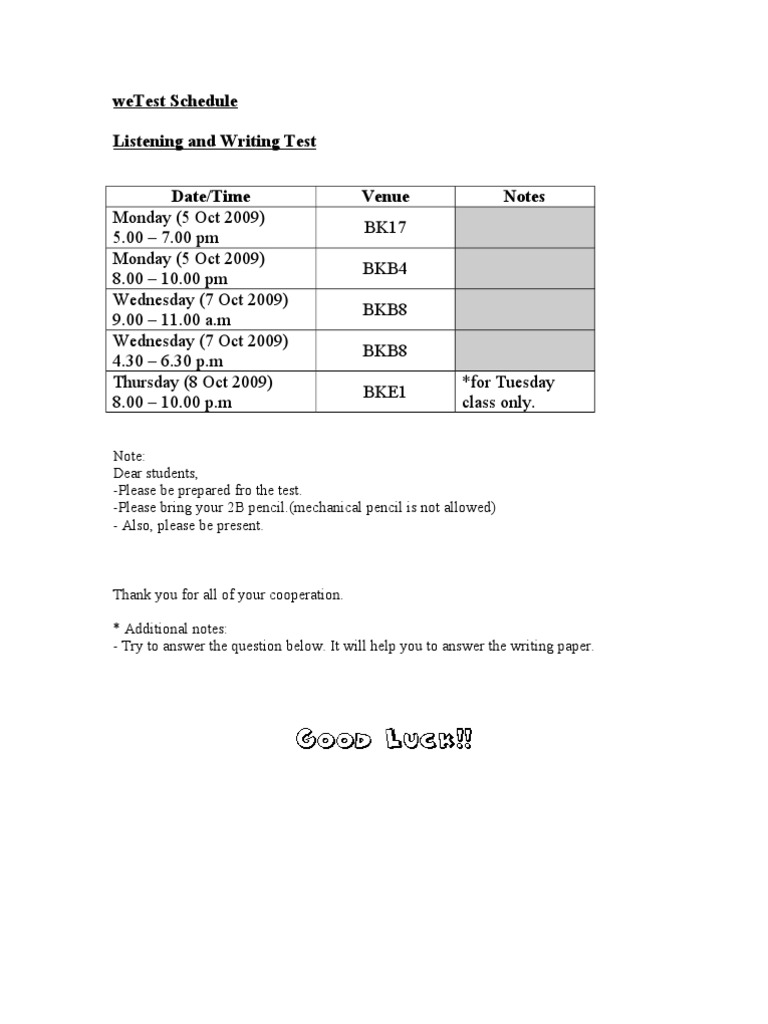 Wetest Schedule Listening and Writing Test Date/Time Venue Notes | PDF ...
