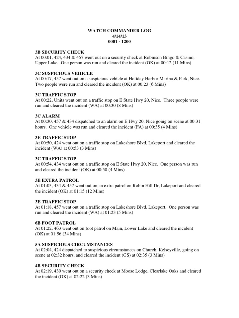 Lake County Sheriff's Watch Commander Logs | PDF | Law Enforcement ...