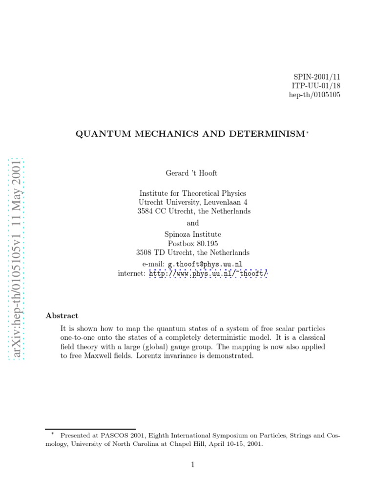 T'hooft Quantum Mechanics and Determinism | PDF | Gauge Theory ...