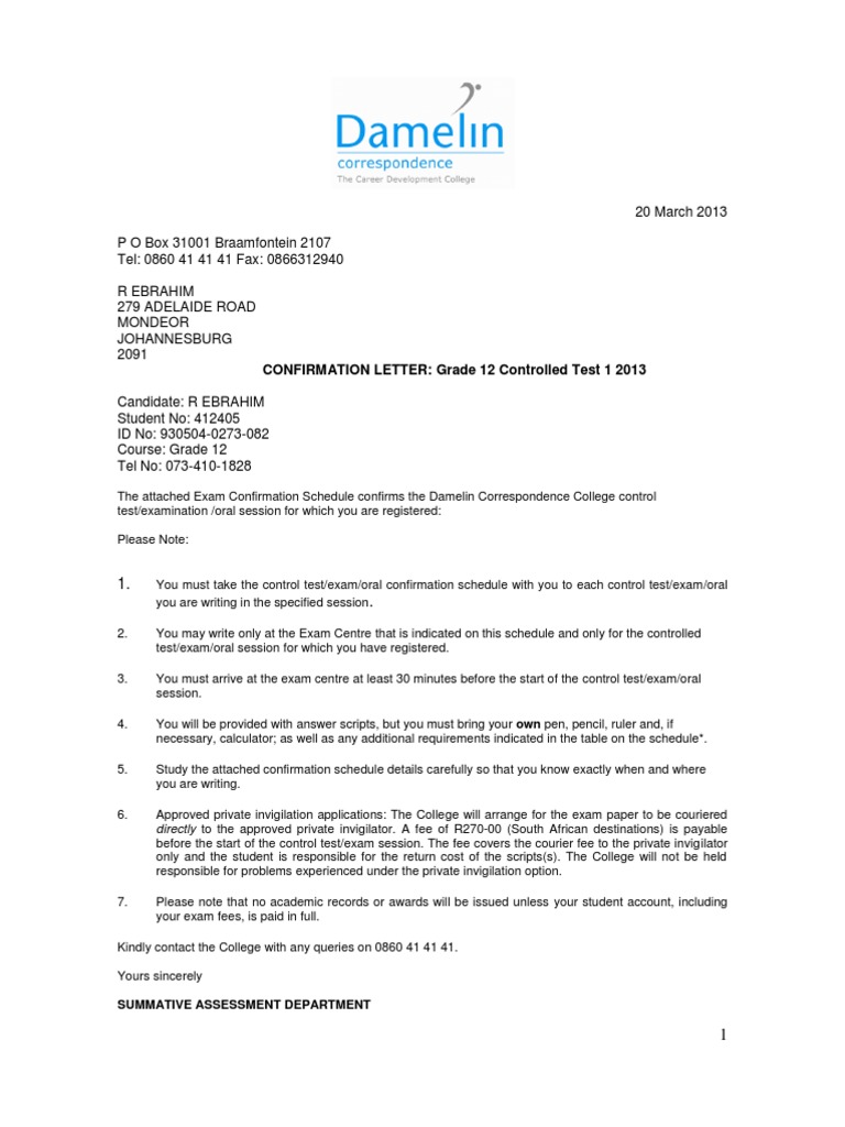Controlled Test 1 Confirmation Letter 412405 | PDF