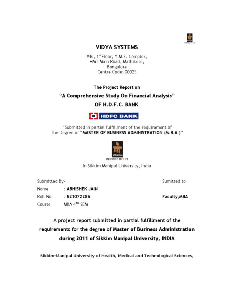 Vidya Systems: "A Comprehensive Study On Financial Analysis" of H.D.F.C ...