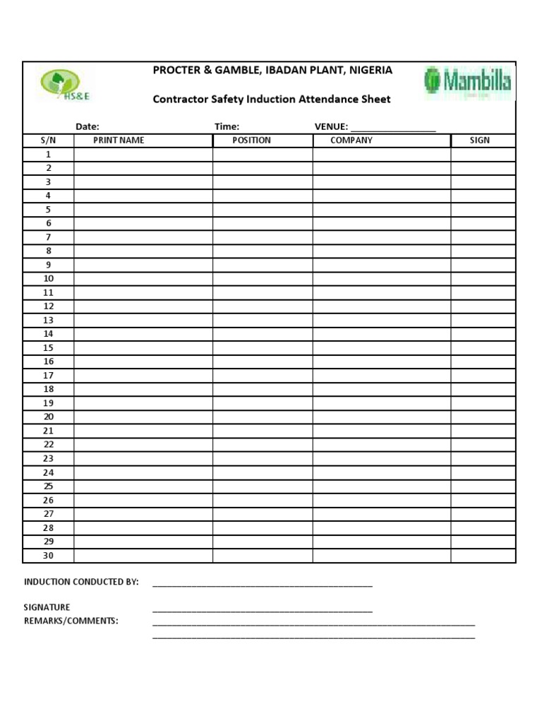 Contractor Safety Induction Attendance Sheet | PDF