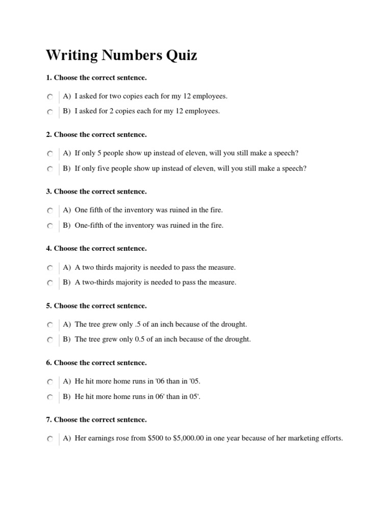 Writing Numbers Quiz | PDF | Lexicology | Fraction (Mathematics)