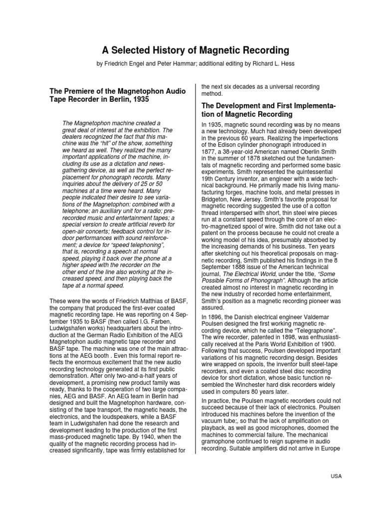 History of Magnetic Tape Recording | PDF | Tape Recorder | Sound ...