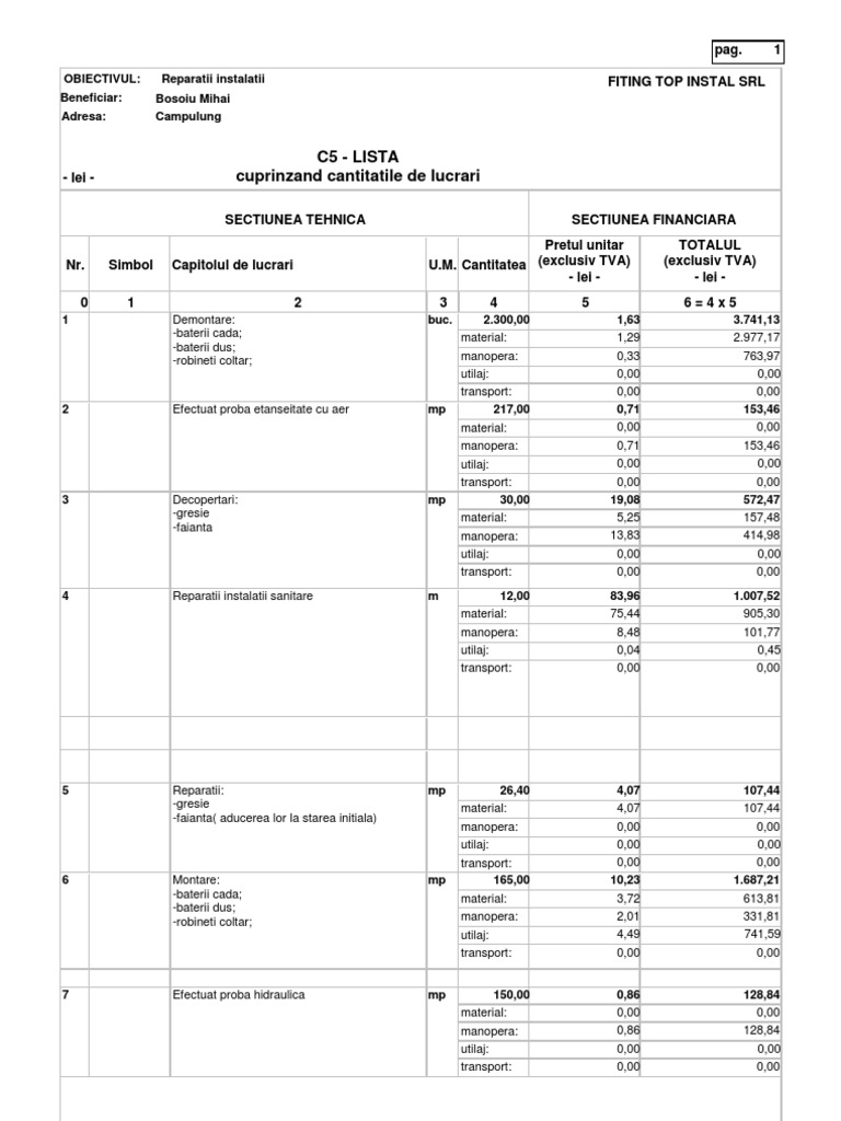 Exemplu de Deviz de Lucrari | PDF | Finance et gestion monétaire