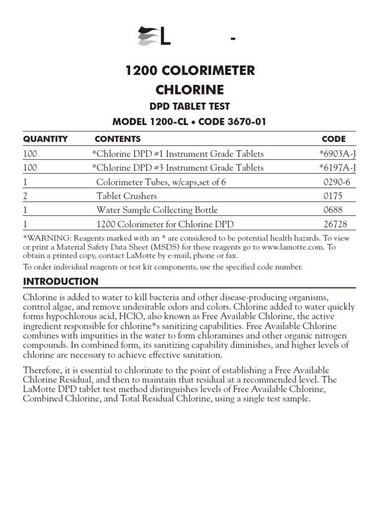 LaMotte 3670-01 DC1200-CL Chlorine Colorimeter Tablet DPD Kit ...