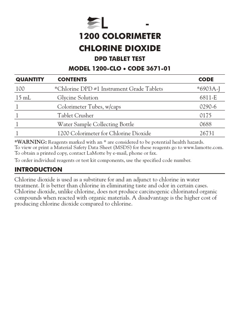 LaMotte 3671-01 DC1200-CLO Chlorine Dioxide Colorimeter Kit ...