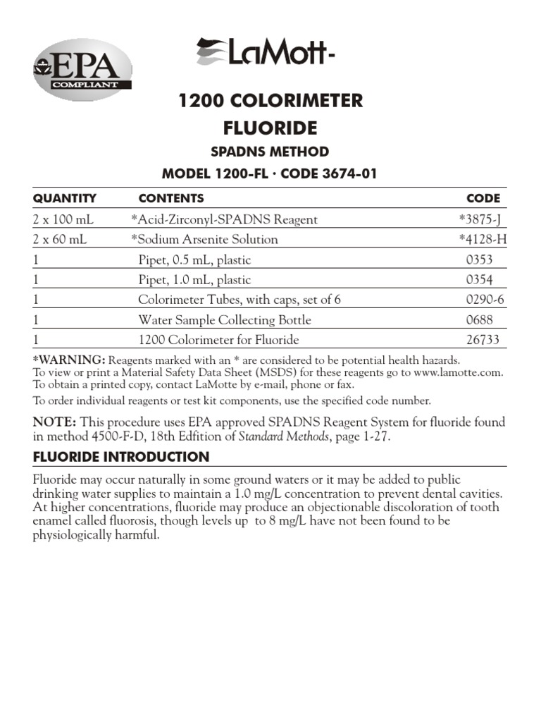 LaMotte 3674-01 DC1200-FL Fluoride Colorimeter Kit Instructions | PDF ...