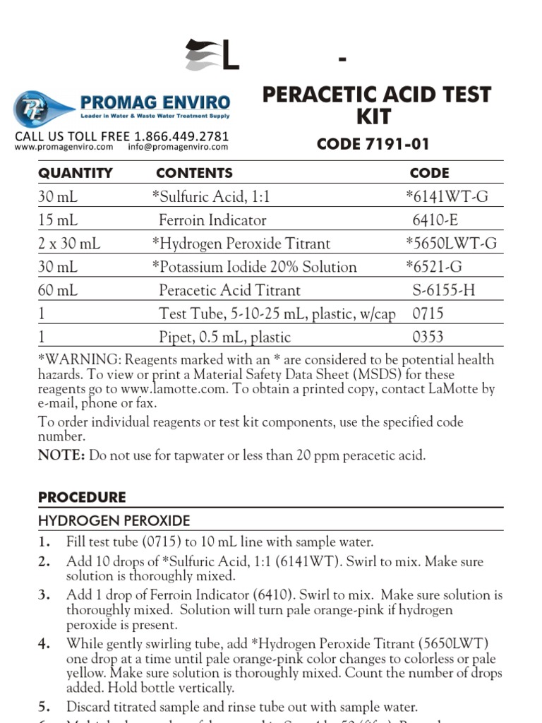 LaMotte 7191-01 Peracetic Acid Drop Count Titration Kit Instructions ...
