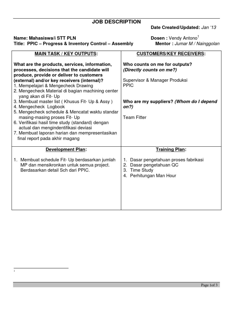 Job Description PPIC Assembly | PDF
