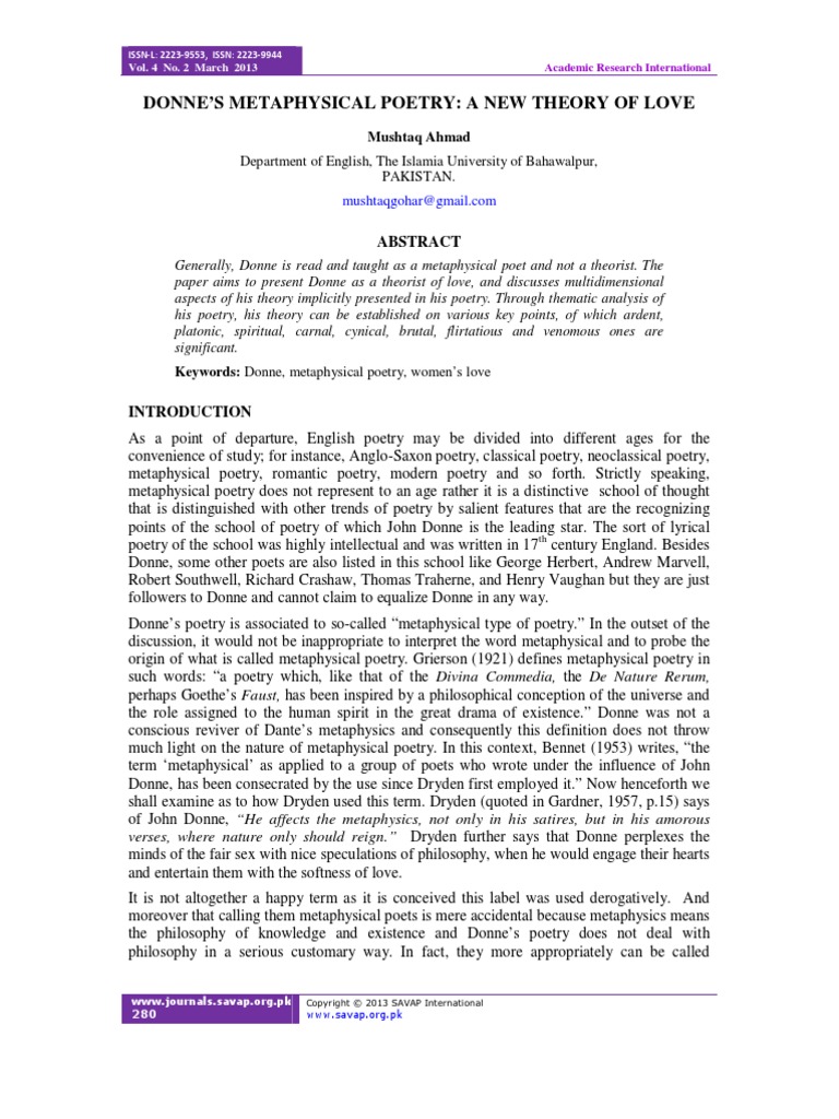 Donne's Metaphysical Poetry A New Theory of Love | PDF | Poetry ...