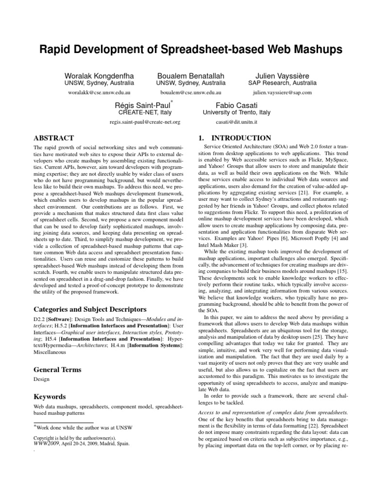 Rapid Development of Spreadsheet-Based Web Mashups: Woralak Kongdenfha ...