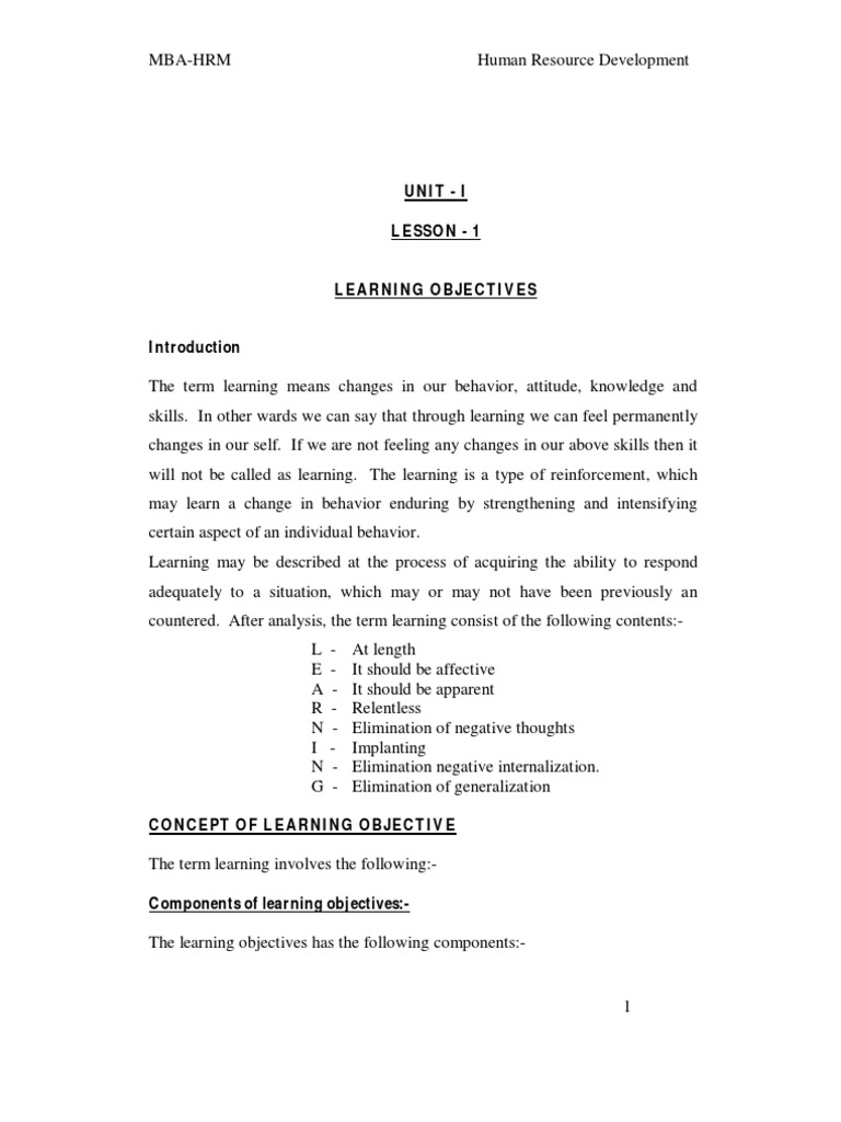 Unit - I Lesson - 1 Learning Objectives | PDF