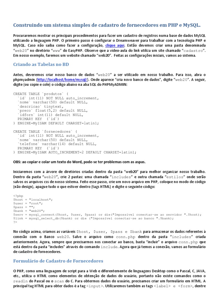 Construindo Um Sistema Simples de Cadastro de Fornecedores e Produtos em PHP e Mysql | PDF | SQL ...