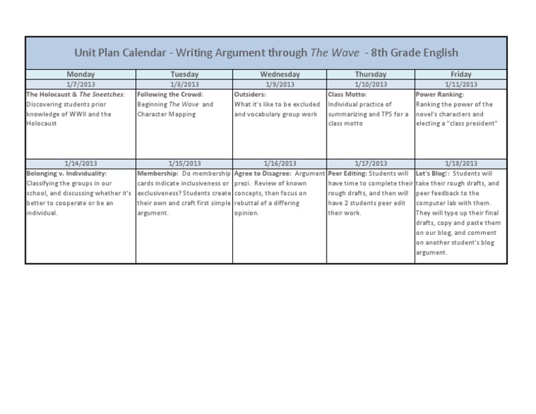 Unit Plan Calendar - Writing Argument Through The Wave - 8th Grade ...