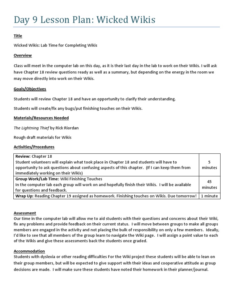 Day 9 Lesson Plan - Wicked Wikis | PDF | Computers