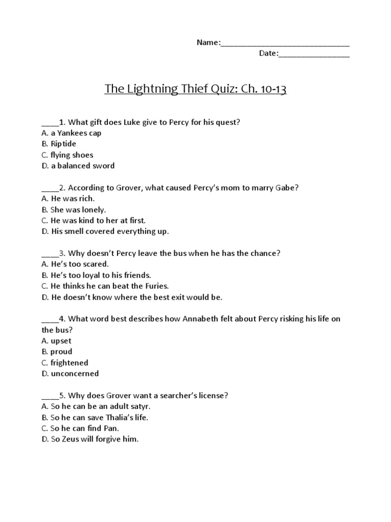 Lightning Thief Quiz: Chapters 10-13 | PDF