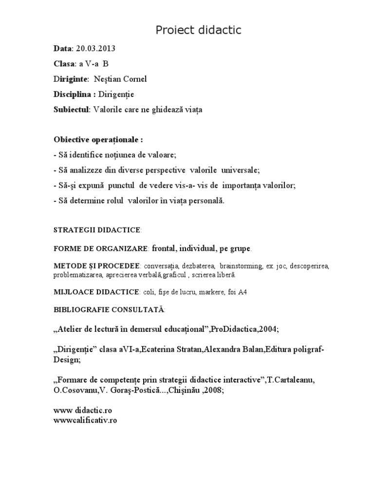 Valorile Umane Proiect Didactic Dirigentie | PDF