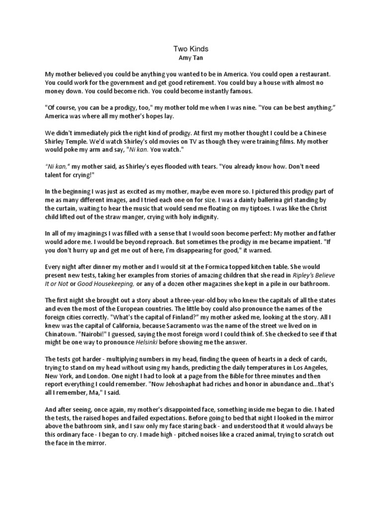 TWO KINDS by AMY TAN | PDF | Leisure | Entertainment (General)