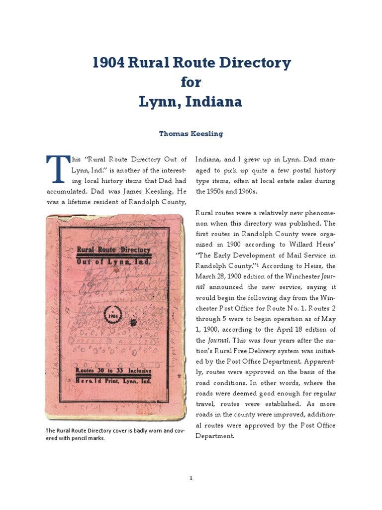 Lynn 1904 Rural Route Directory | PDF | United States Postal Service | Mail