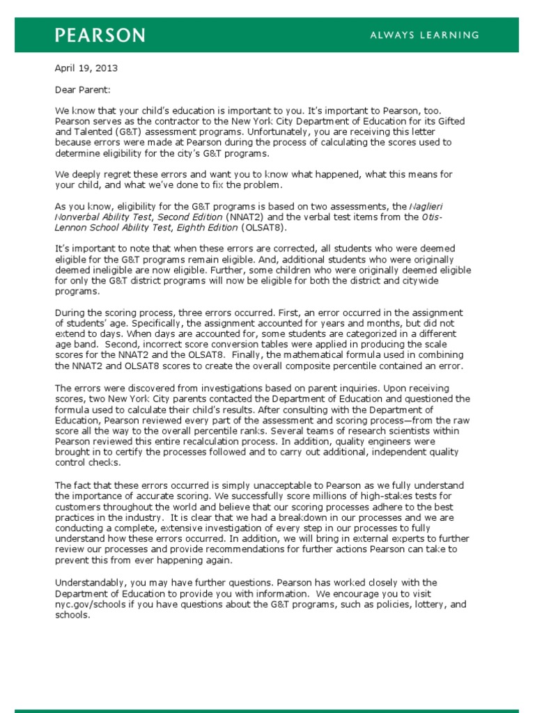 Pearson Letter To Parents | PDF | Educational Assessment | Educational ...