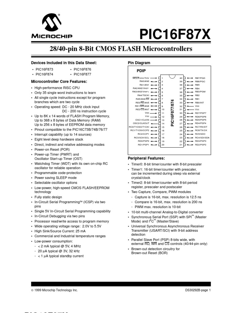 PIC16F87X: 28/40-Pin 8-Bit CMOS FLASH Microcontrollers | PDF