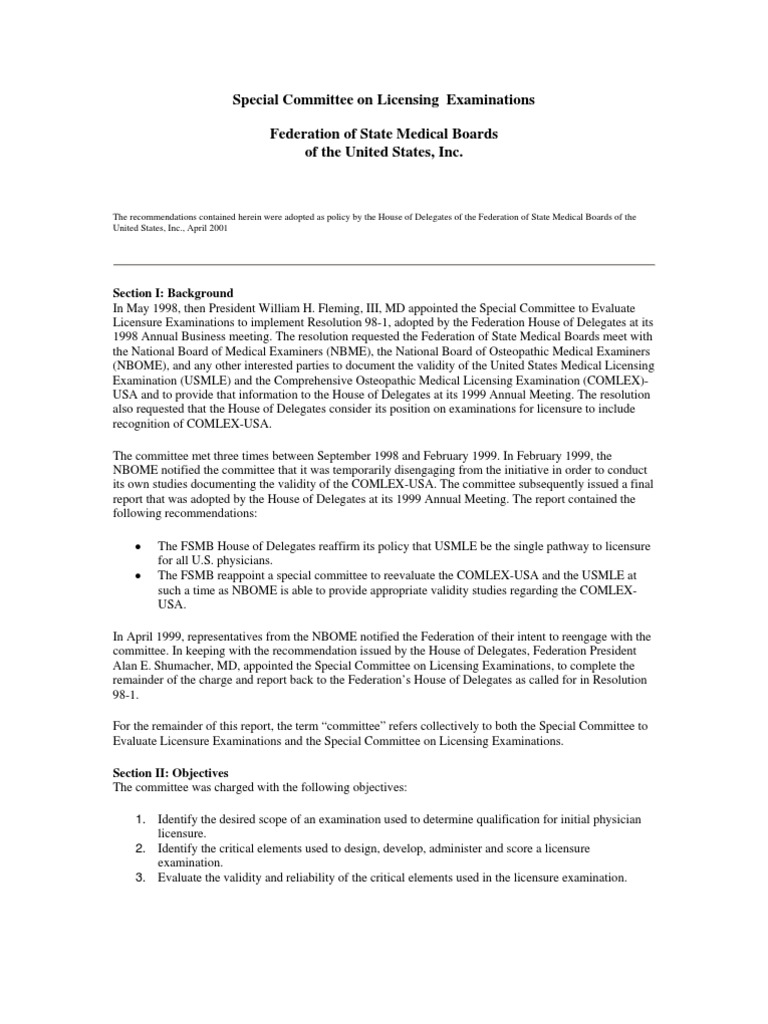 Special Committee On Licensing Examinations Federation of State Medical ...