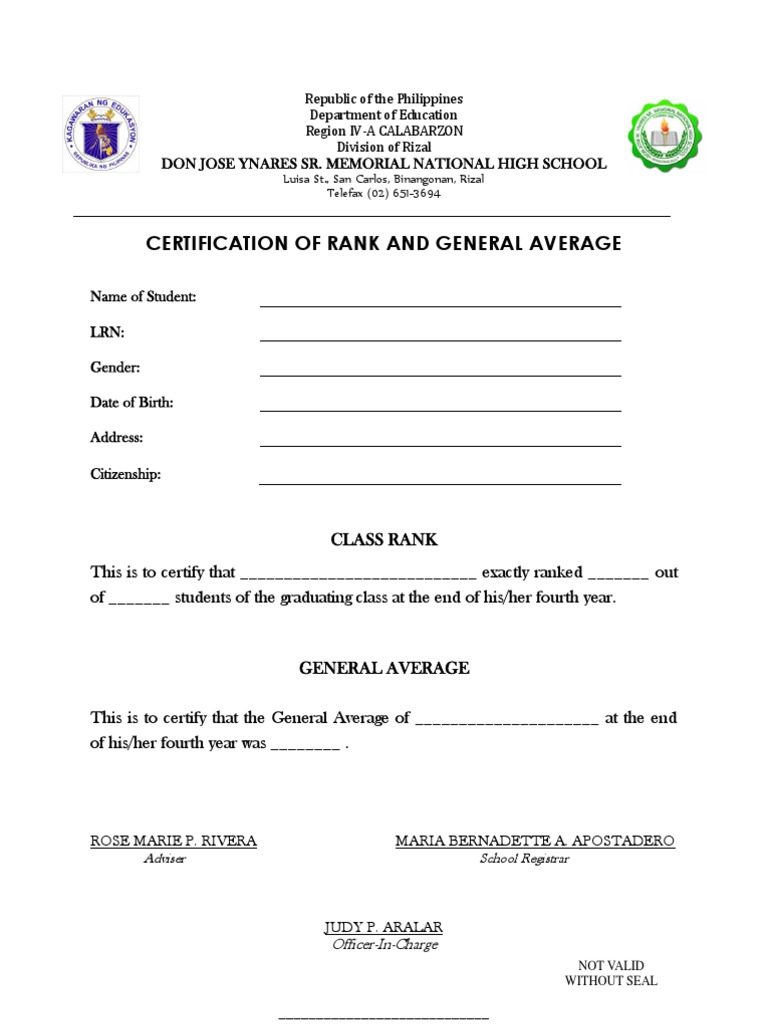 Certificate of Class Rank and Average | PDF
