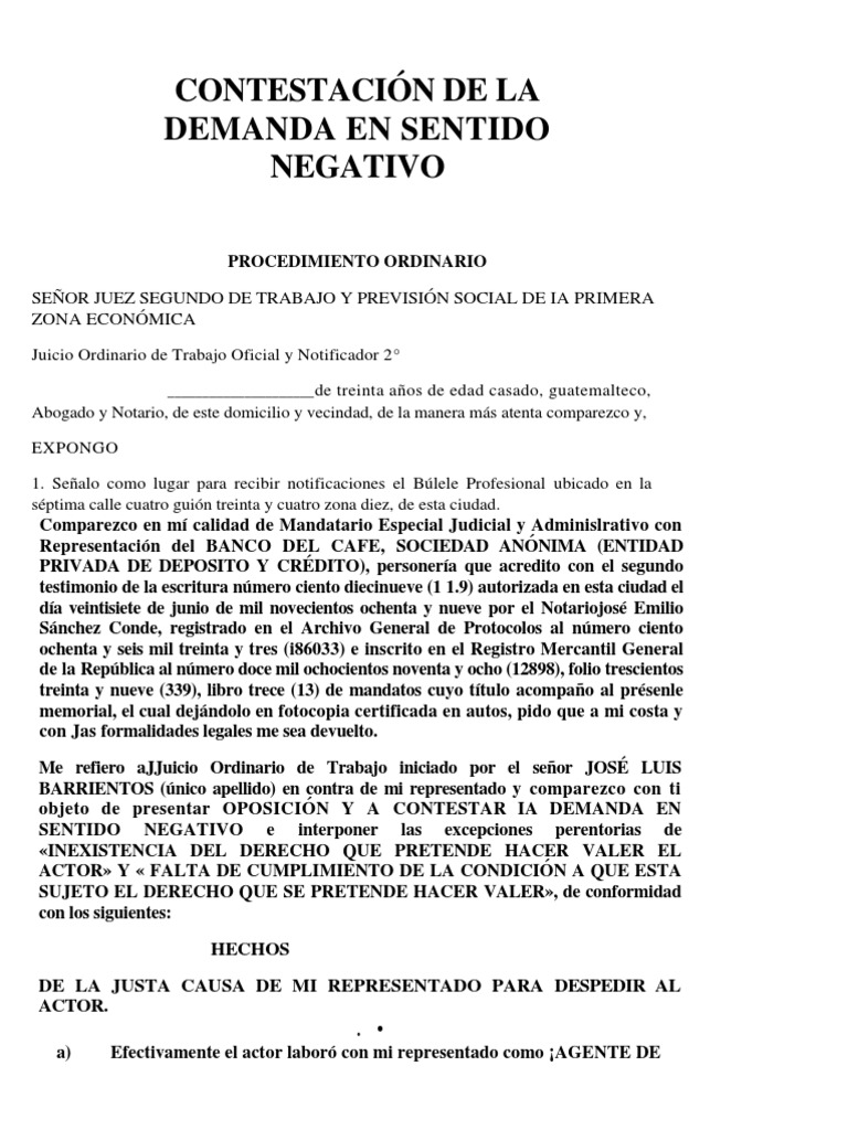 CONTESTACIÓN DE LA DEMANDA NEGATIVA | Derecho laboral | Evidencia (ley)
