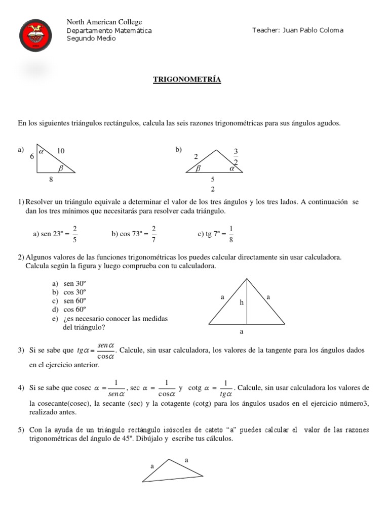 53237347 Guia de Ejercicios de Trigonometria | Trigonometría | Triángulo