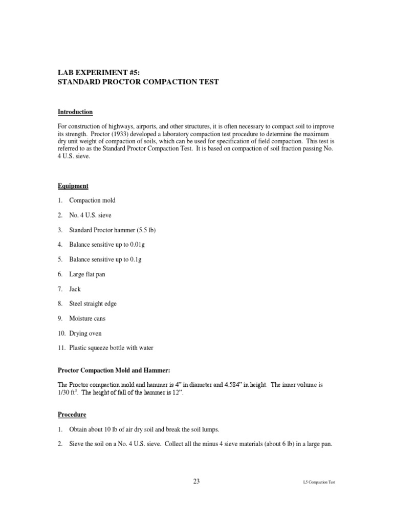 Lab Experiment #5: Standard Proctor Compaction Test | PDF | Soil ...