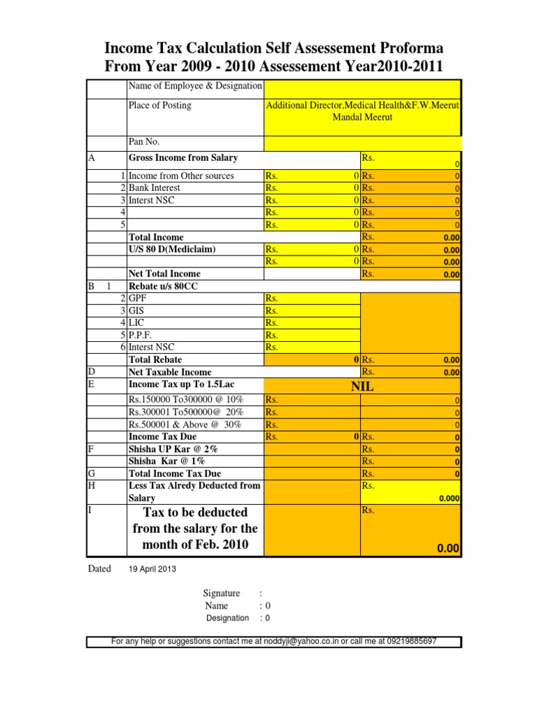 Income Tax Calculation Self Assessement Proforma From Year 2009 - 2010 ...