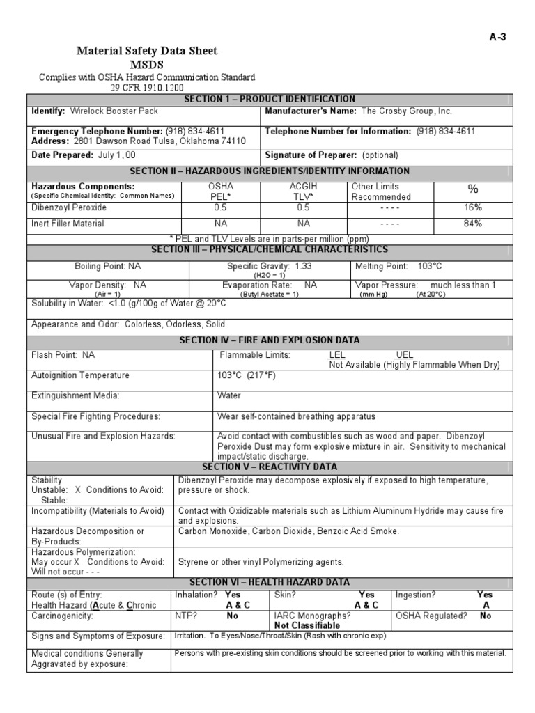 Material Safety Data Sheet MSDS: Complies With OSHA Hazard ...