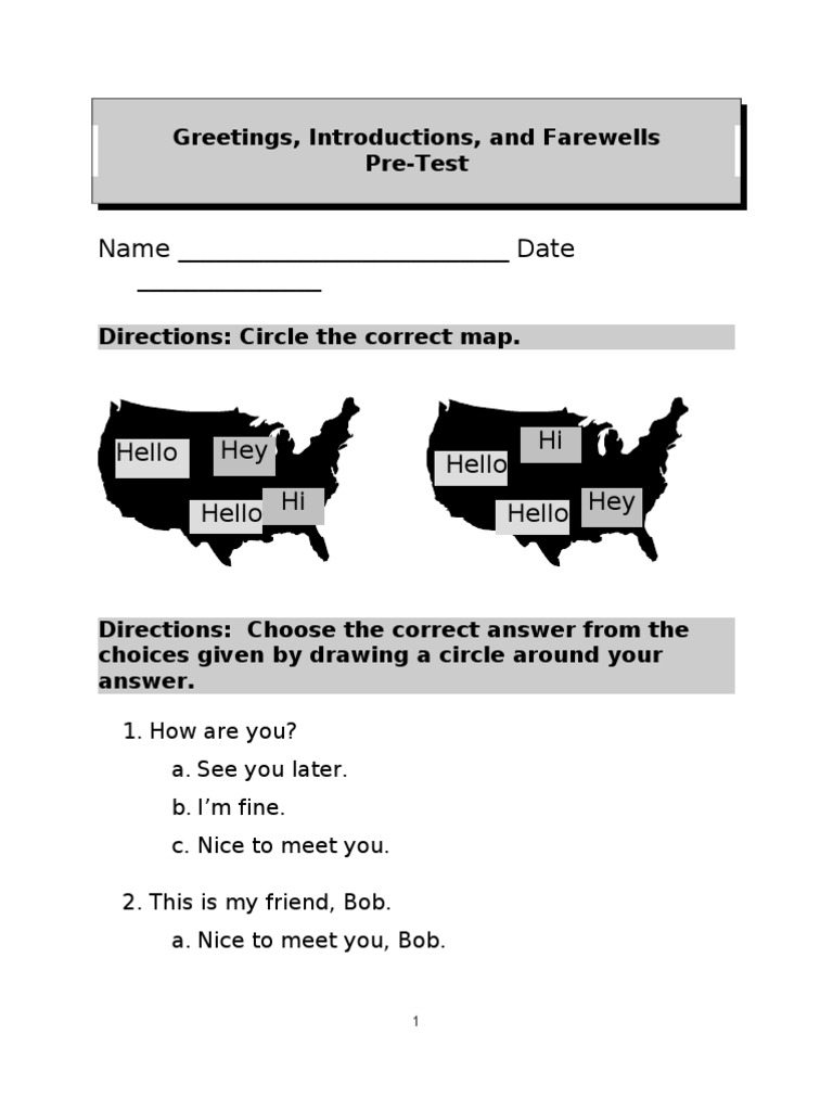 Greeting Intros Farewells Pre-Test | PDF