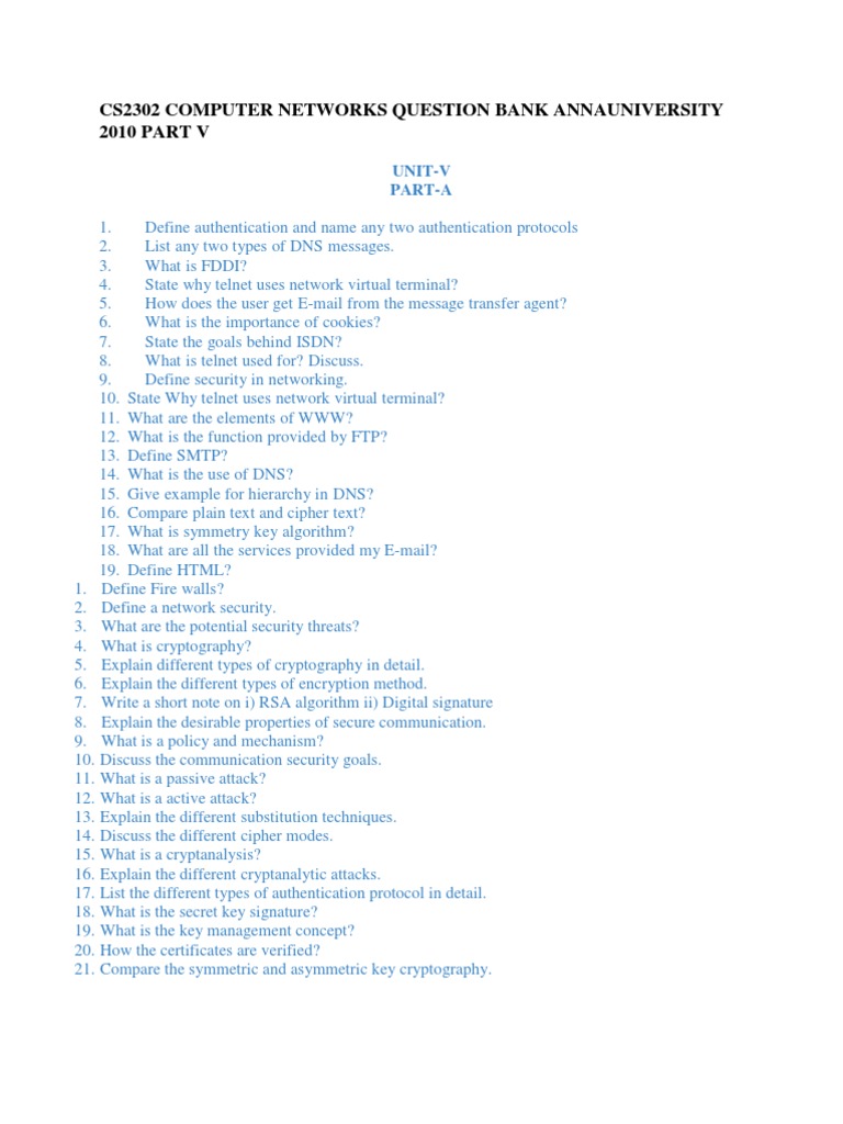 Cs2302 Computer Networks Question Bank Annauniversity 2010 Part V | PDF | Transmission Control ...