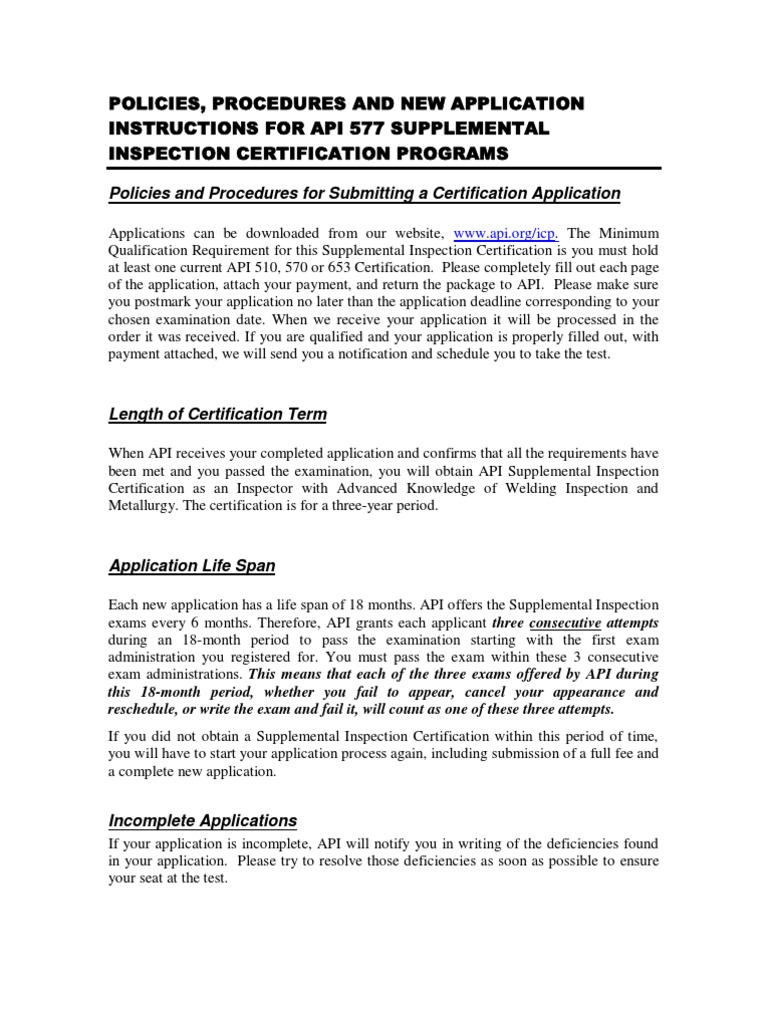 Policies, Procedures and New Application Instructions For Api 577 Supplemental Inspection ...