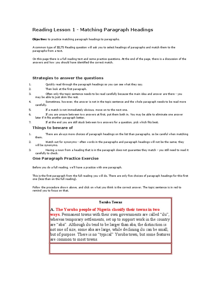 Reading Lesson 1 - Matching Paragraph Headings: Strategies To Answer ...
