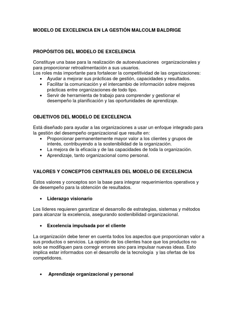 Modelo de Excelencia en La Gestion (Malcolm Baldrige) | PDF | Liderazgo ...